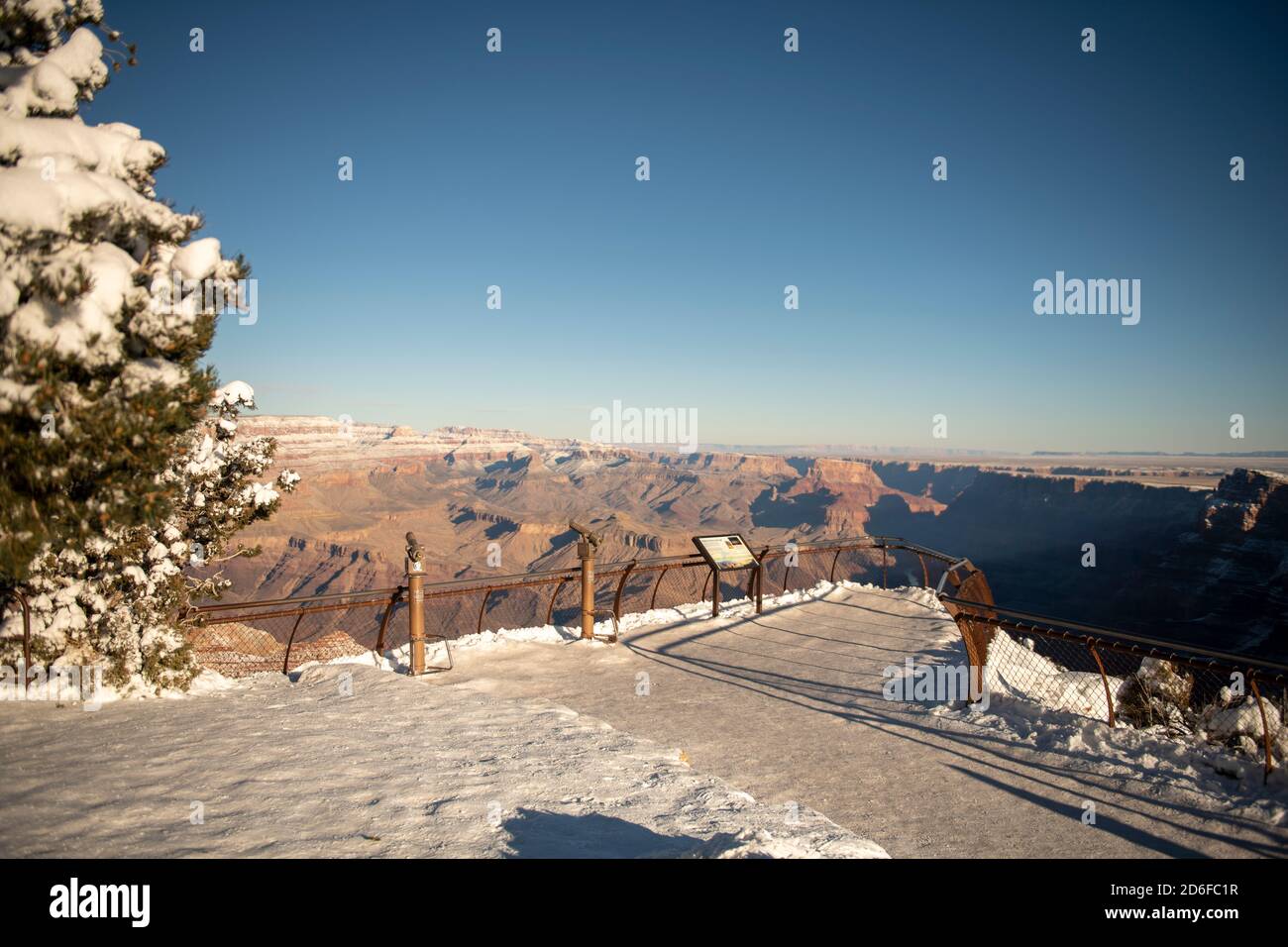 Snow covered Desert View Watchtower viewing platform, Grand Canyon ...