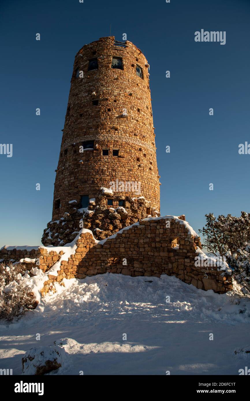 Grand Canyon Desert View Watchtower with snow and bright blue sky Stock ...