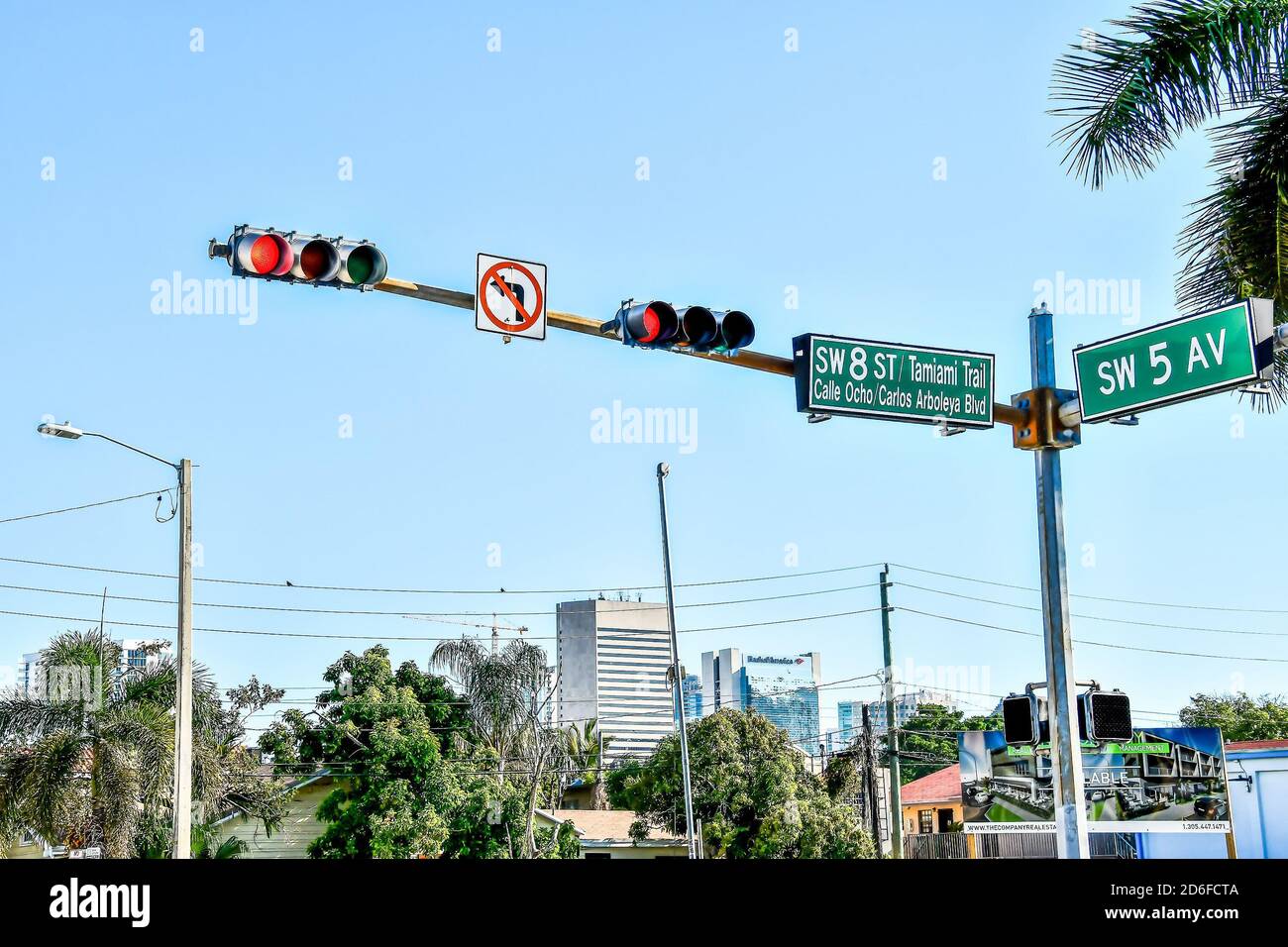 traffic light, street sign with blue sky , miami city florida usa ...