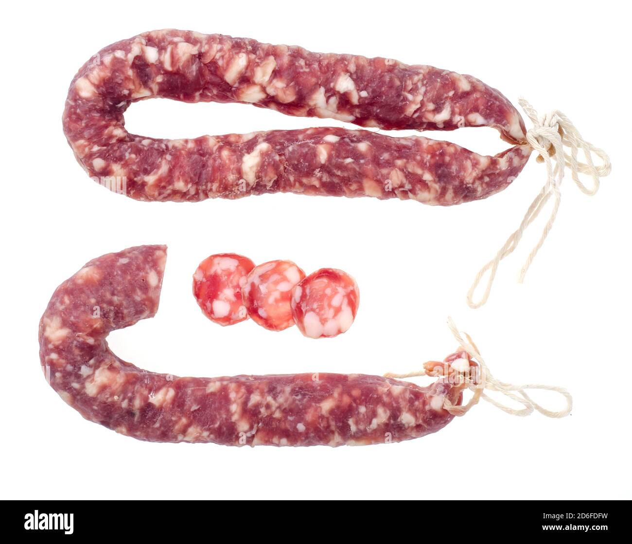 Homemade pork dried cured sausage on white background. Studio Photo ...