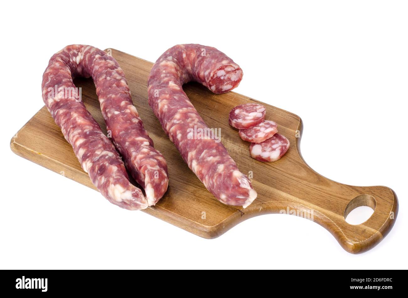 Homemade pork dried cured sausage on white background. Studio Photo ...