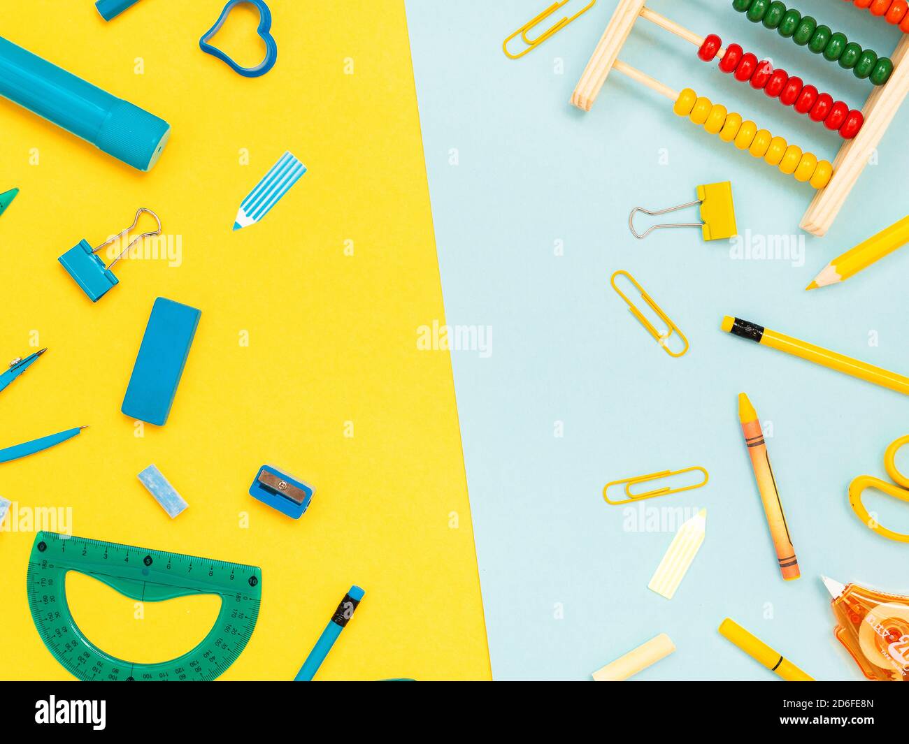 Back to school, education concept. Blue stationery tools and yellow ...