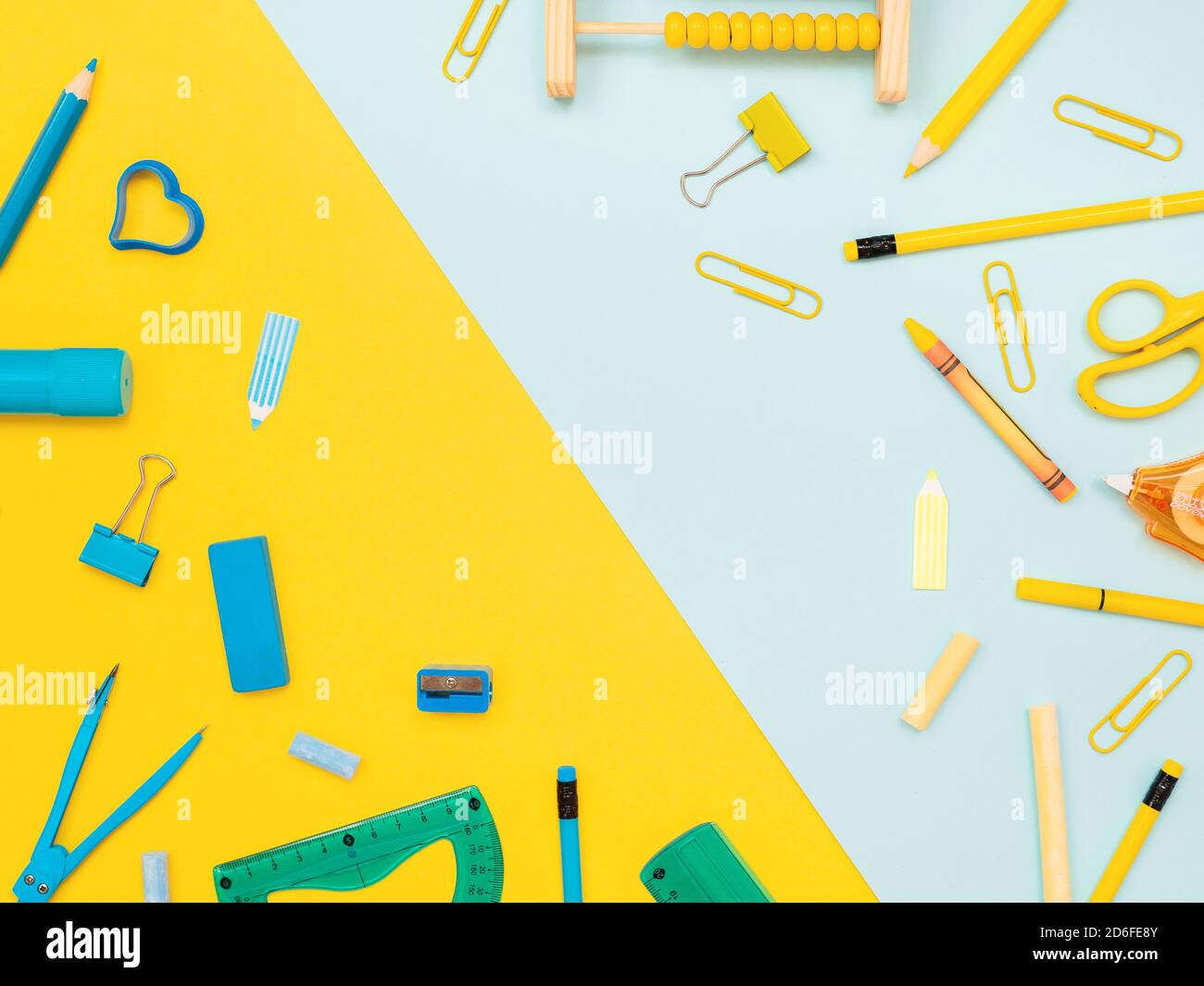 Back to school, education concept. Blue stationery tools and yellow ...