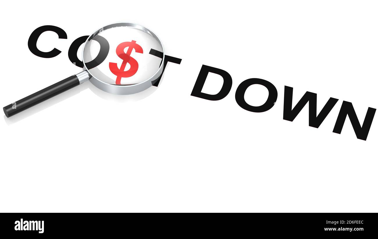 Magnifying glass with cost down and dollar sign, 3d rendering Stock ...