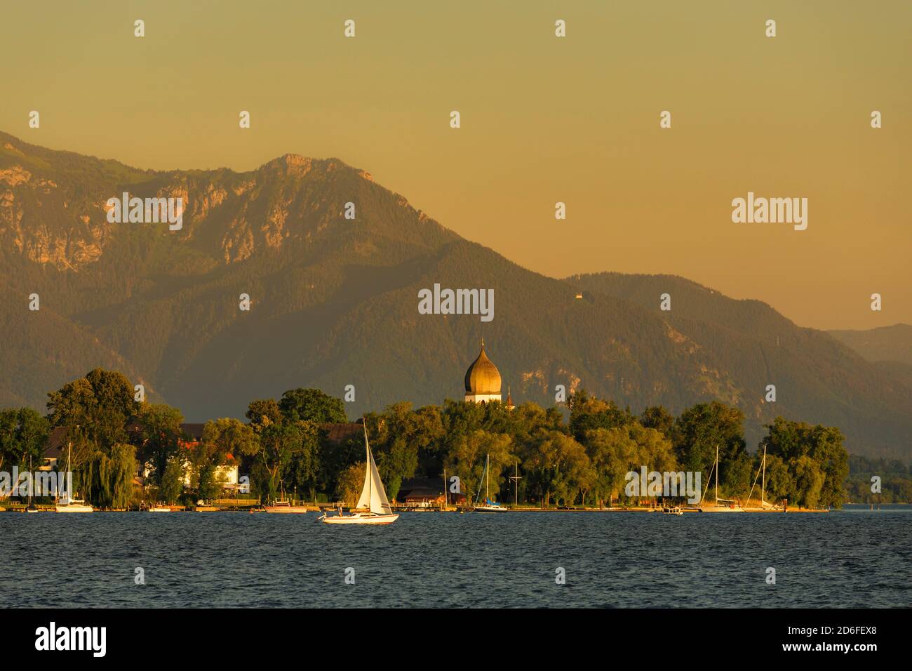 Fraueninsel at sunset, Gstadt am Chiemsee, Upper Bavaria, Germany Stock ...