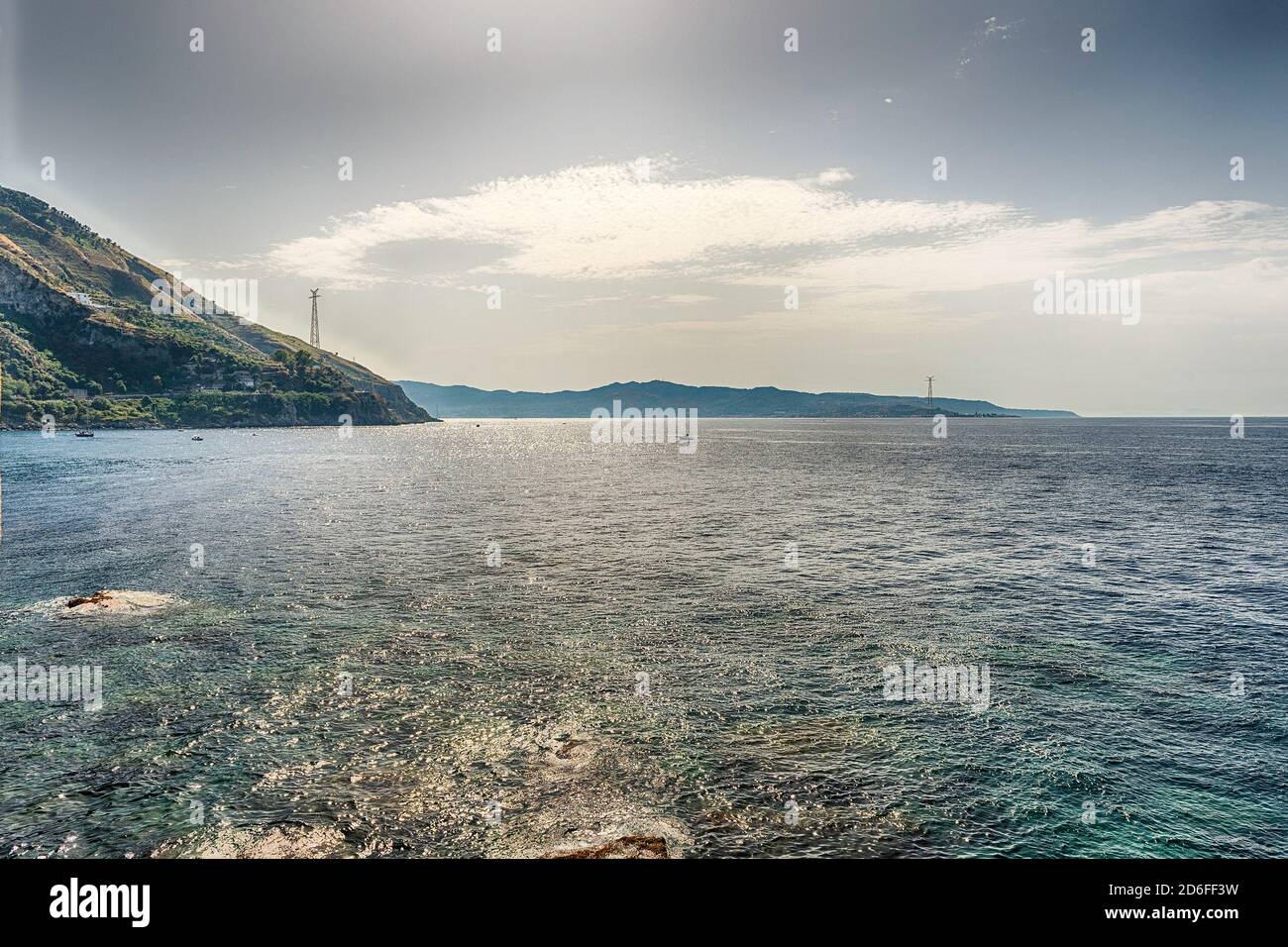 Scenic panoramic view of the Strait of Messina, between the eastern tip ...