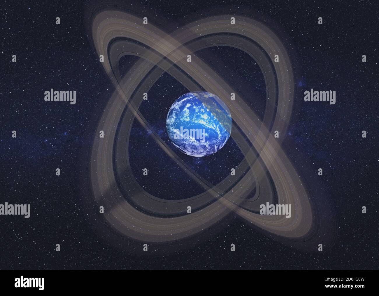 Sciebce fiction water planet with atmosphere and multiple rings in ...