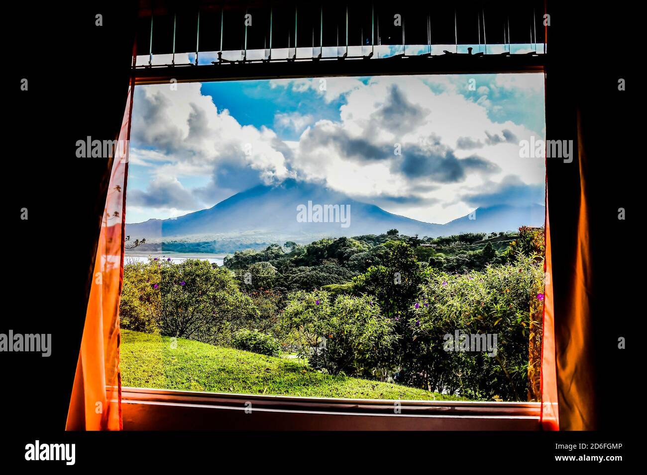 view from the window, landscape with Arenal Volcano area in costa rica ...