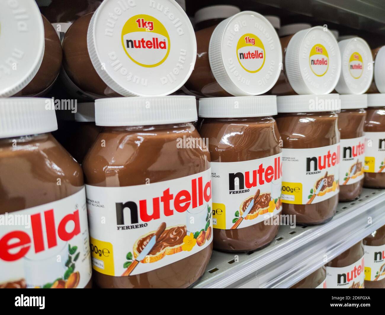 Puilboreau, France - October 14, 2020:Focus on Nutella jars of hazelnut ...