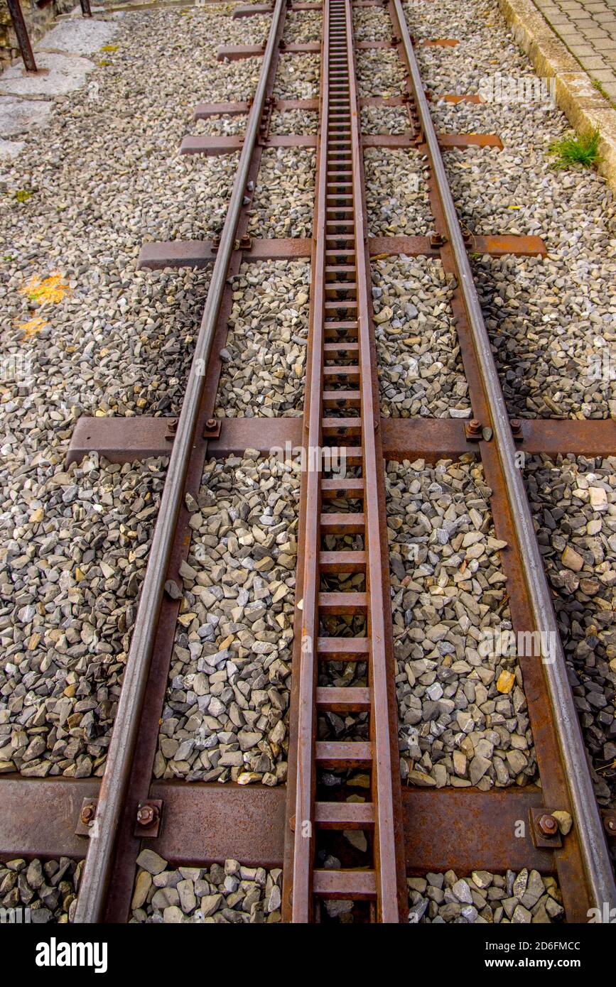 Cog railway train tracks in the Swiss Alps Stock Photo - Alamy