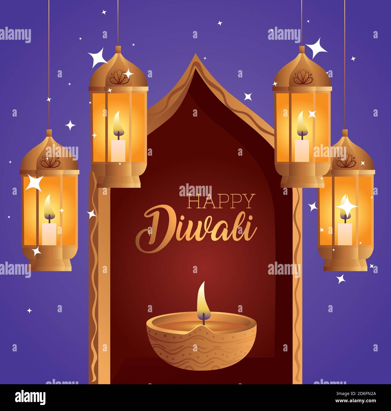 Happy diwali diya candle in window and lanterns vector design Stock ...