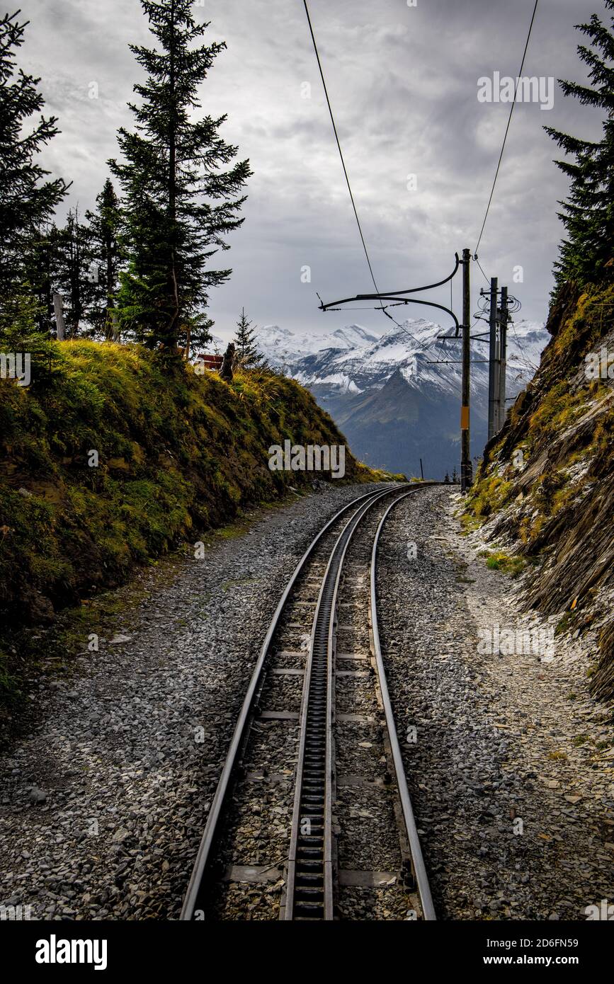 Cog railway train tracks in the Swiss Alps Stock Photo - Alamy