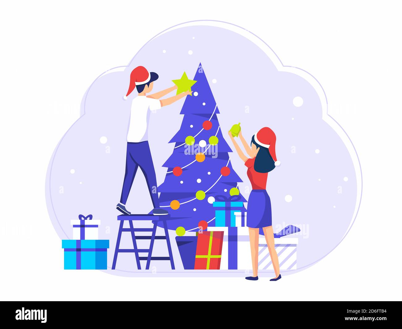 Team workers celebrate the Christmas holidays. Men put up Christmas ...