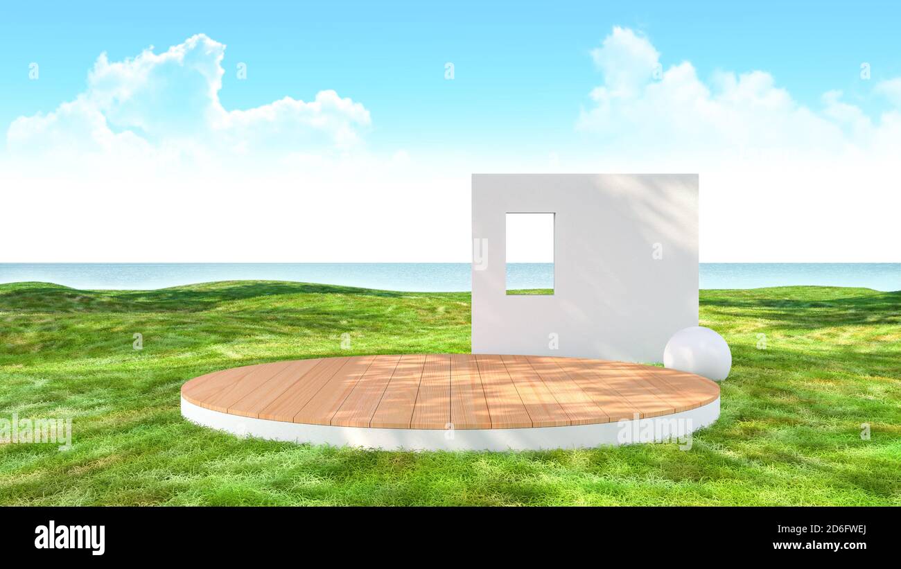 Empty stage backdrop platform in green grass field with sea view ...