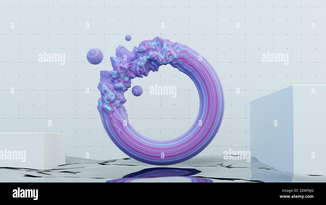 Floating torus with deformation in violet colors. Water and walls ...