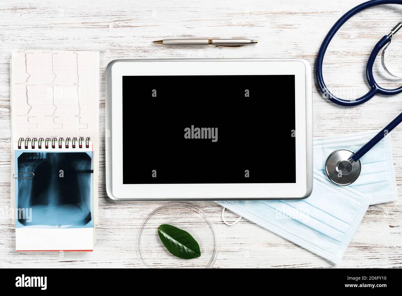 Flat lay workplace of doctor in modern clinic Stock Photo - Alamy