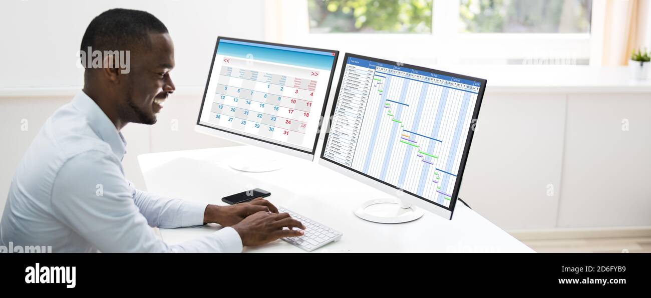 Tech Schedule List On Computer Screen. Gantt Calendar Stock Photo - Alamy