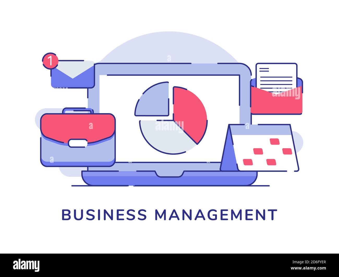 Business management concept pie chart on display laptop screen white ...