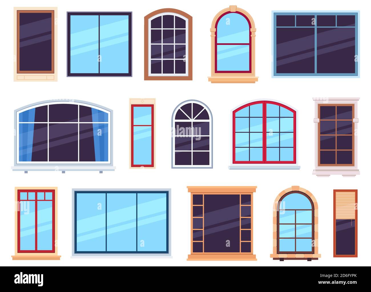 Window frames. Exterior view various wooden and detailed plastic ...