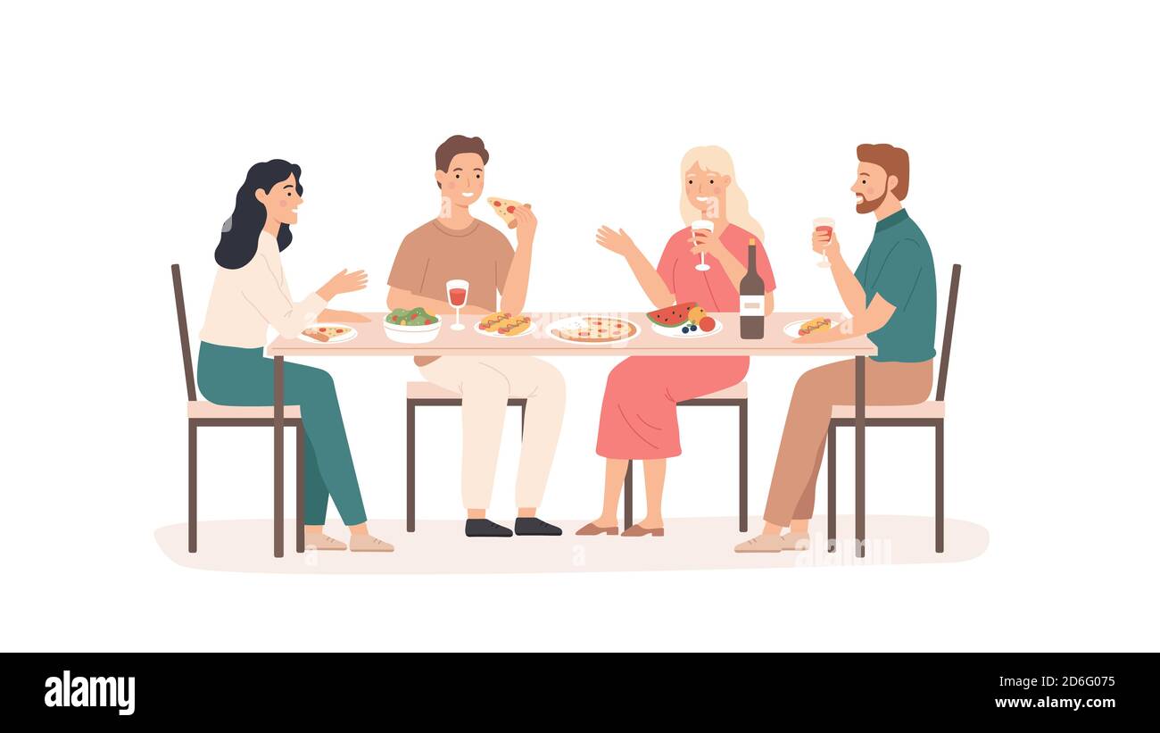 Friends eating. Fun and smiling people at table in restaurant, cafe or ...