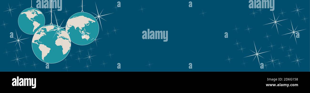 Christmas tree, vector header in blue. Balls in the shape of planet ...