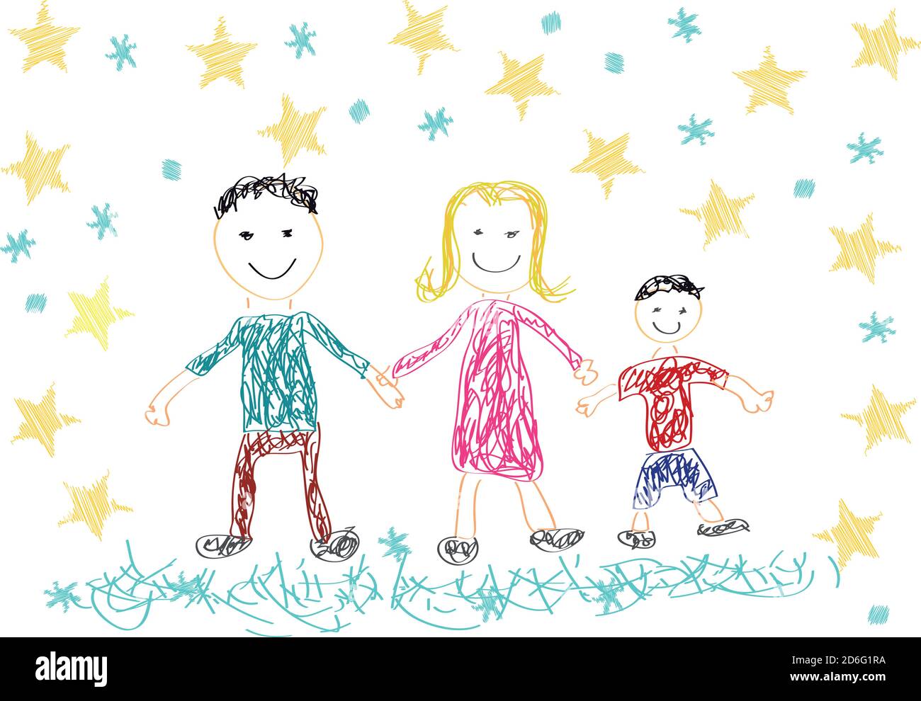 Vector drawing made by a child, happy family in winter, on holiday ...