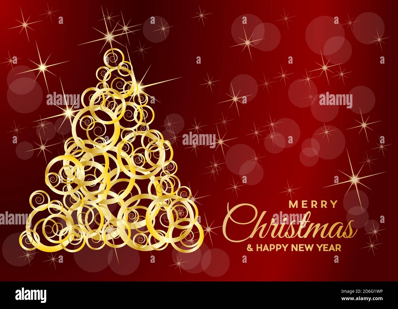 Christmas tree, vector postcard or greeting. Gold curls, wealth and ...