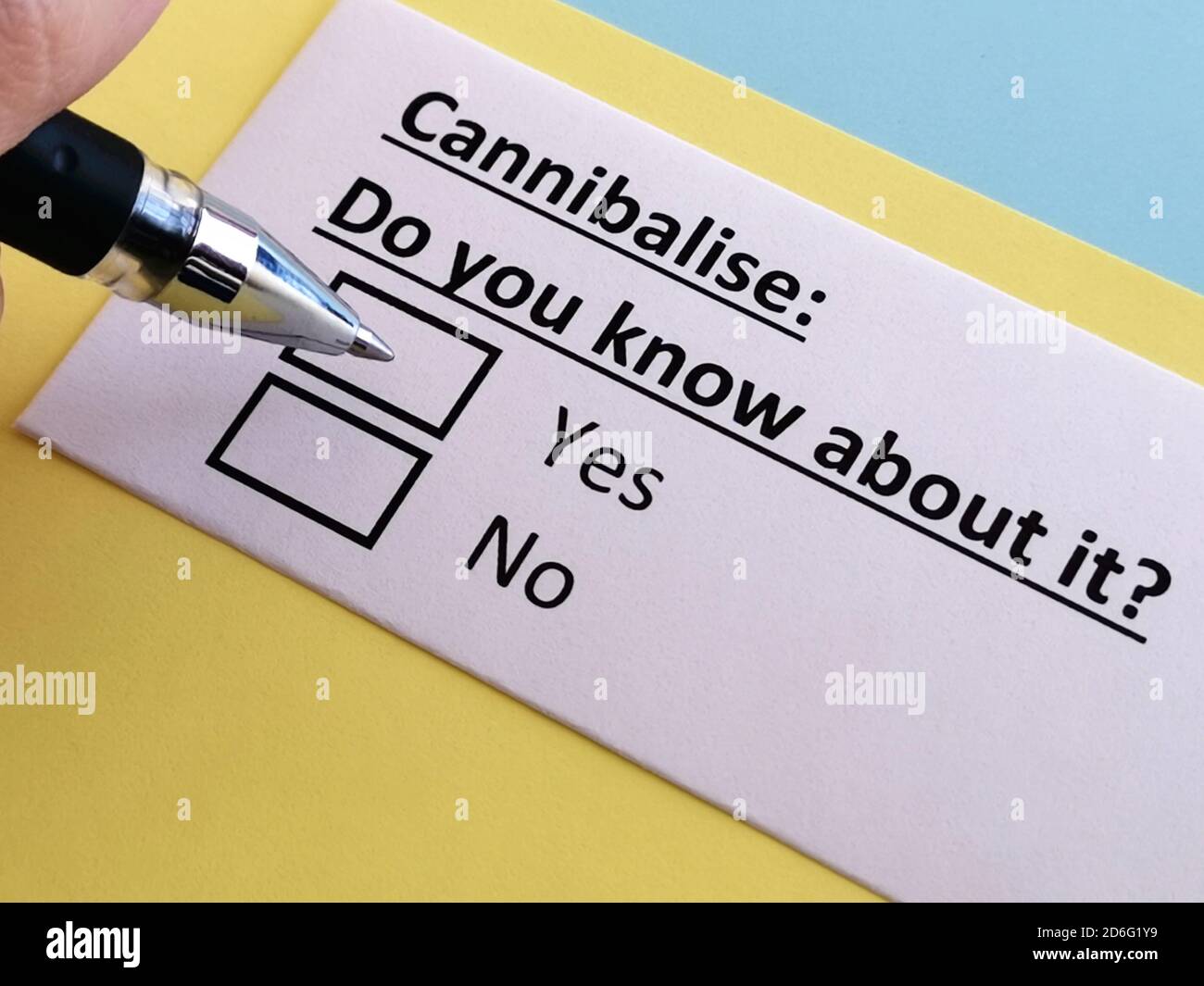 One person is answering quetion about cannibalise Stock Photo - Alamy