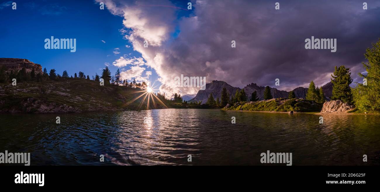 Panoramic view across the Lake Limedes, Lago di Limides, the summit of ...