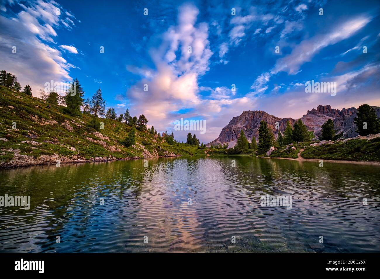Panoramic view across the Lake Limedes, Lago di Limides, the summit of ...
