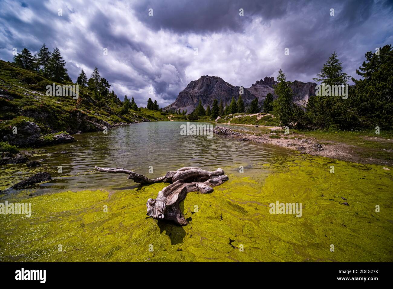 View across the Lake Limedes, Lago di Limides, the summit of Lagazuoi ...