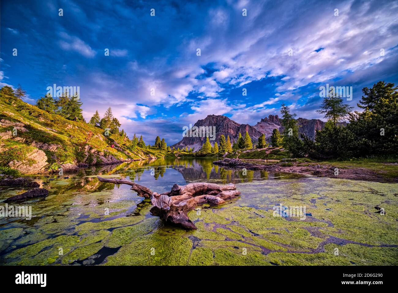 View across the Lake Limedes, Lago di Limides, the summit of Lagazuoi ...