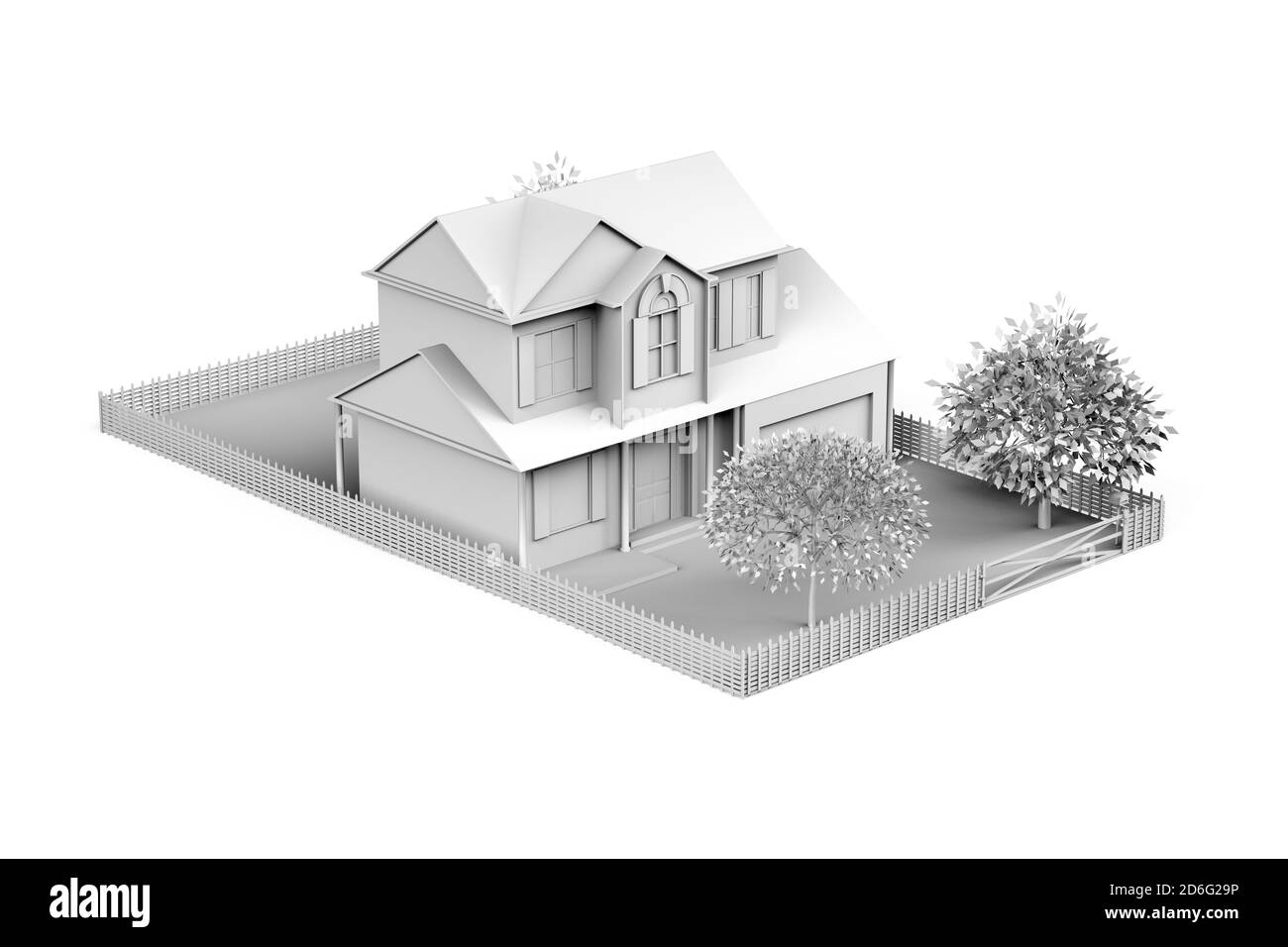 Home mockup with garden, trees and fence on white background with space ...