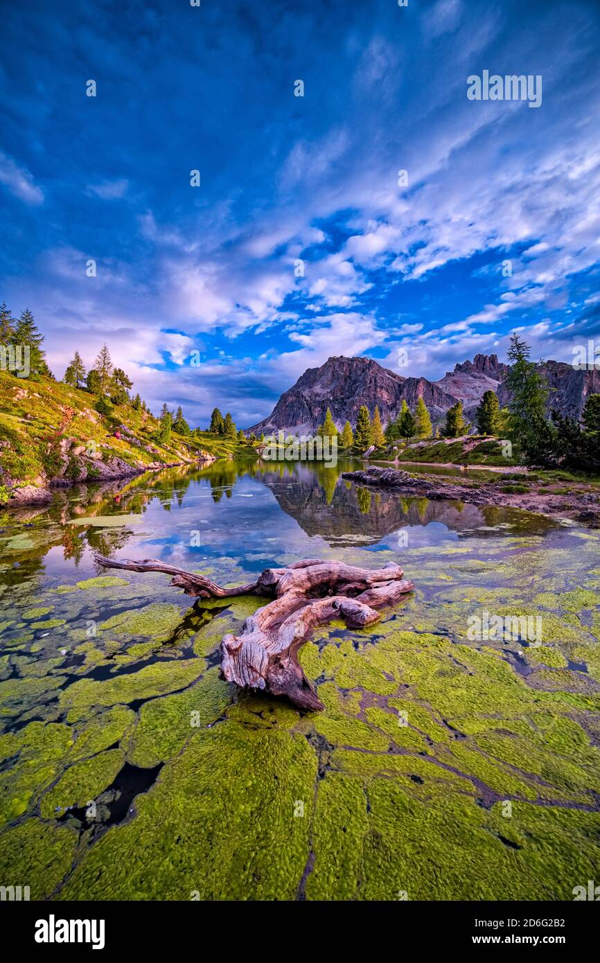 View across the Lake Limedes, Lago di Limides, the summit of Lagazuoi ...