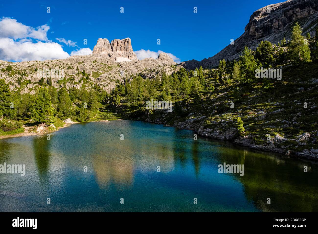 The summit of Monte Averau, seen across Lake Limedes, Lago di Limides ...