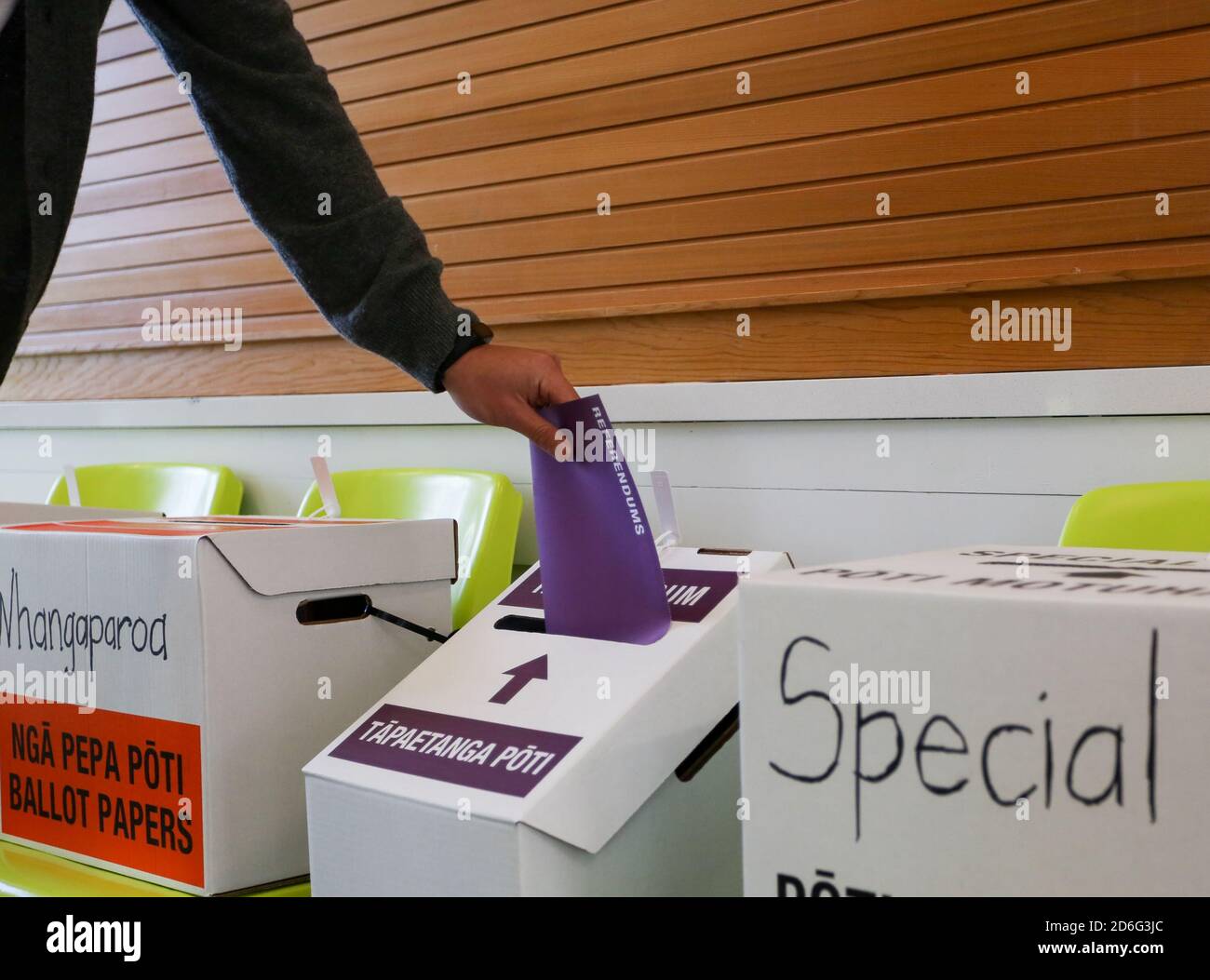 Auckland. 17th Oct, 2020. A voter casts ballot at a voting station in ...