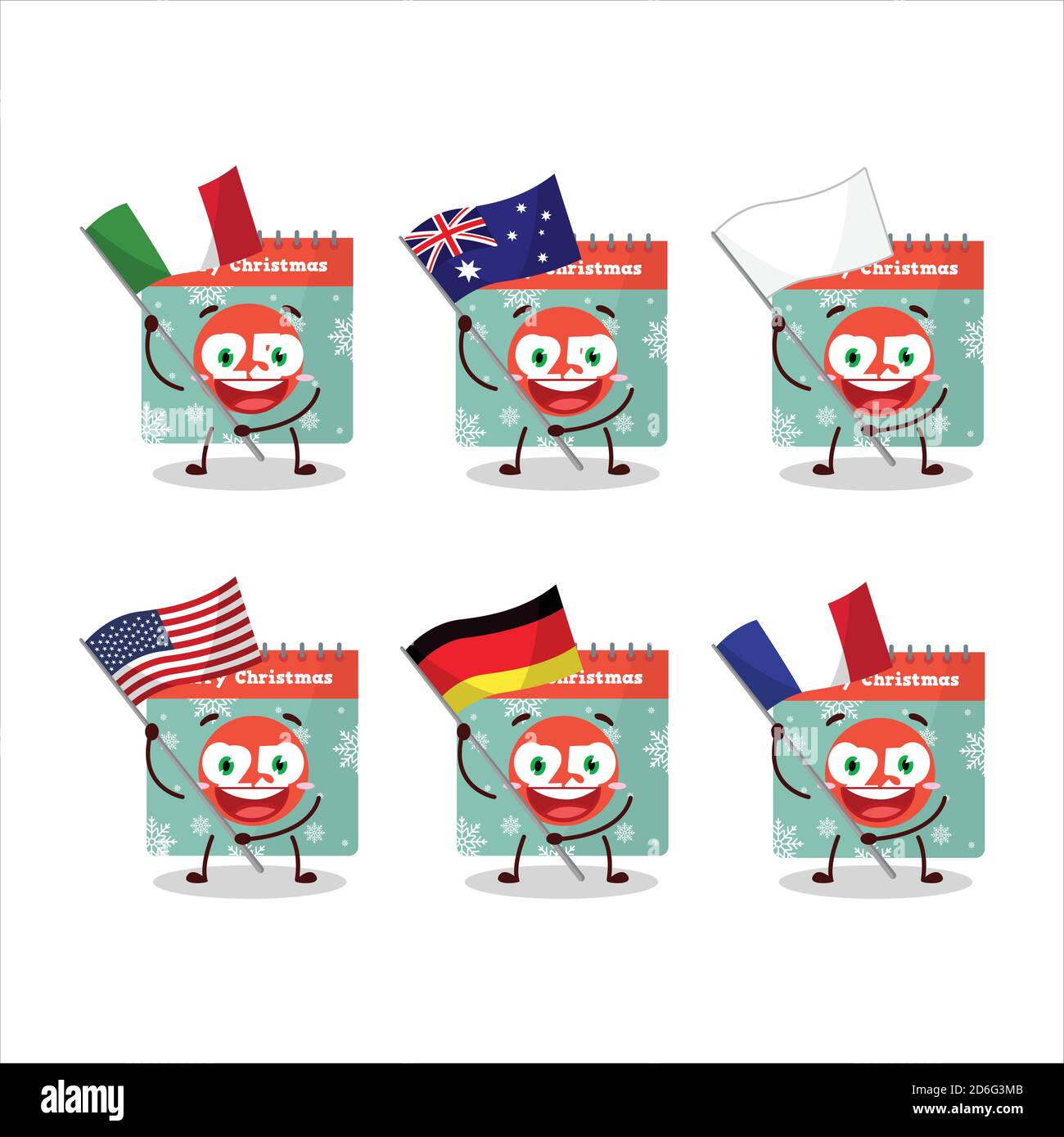 25th december calendar cartoon character bring the flags of various ...