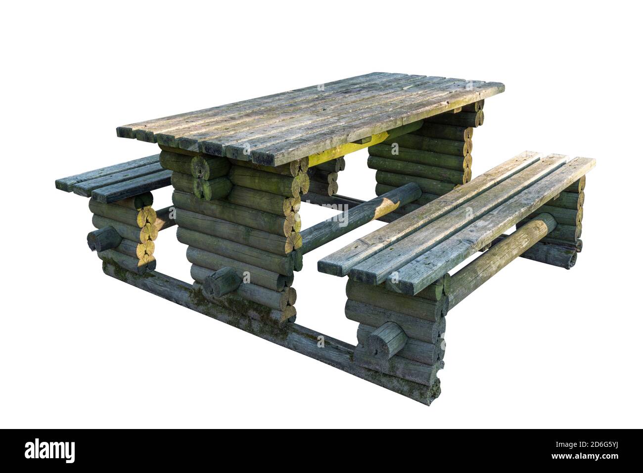 An old picnic table made of logs Stock Photo - Alamy