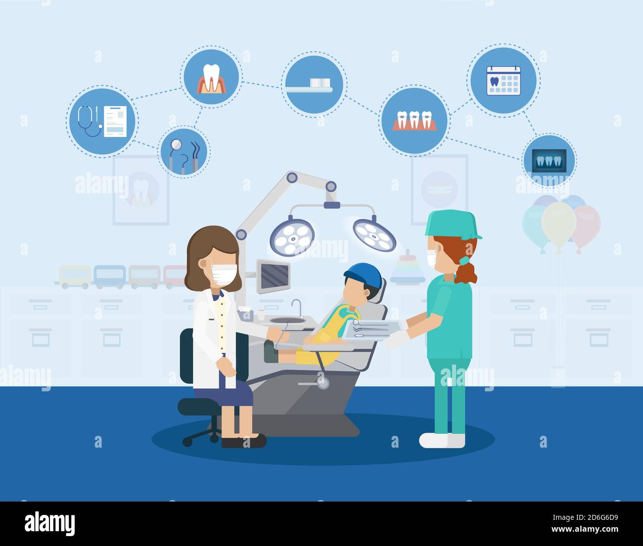 Dental clinic or dental office with patient and icons flat design ...