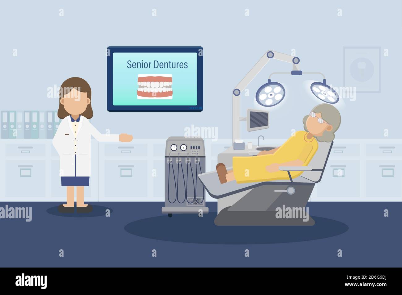 Senior dentures concept with dentist and elder patient flat design ...