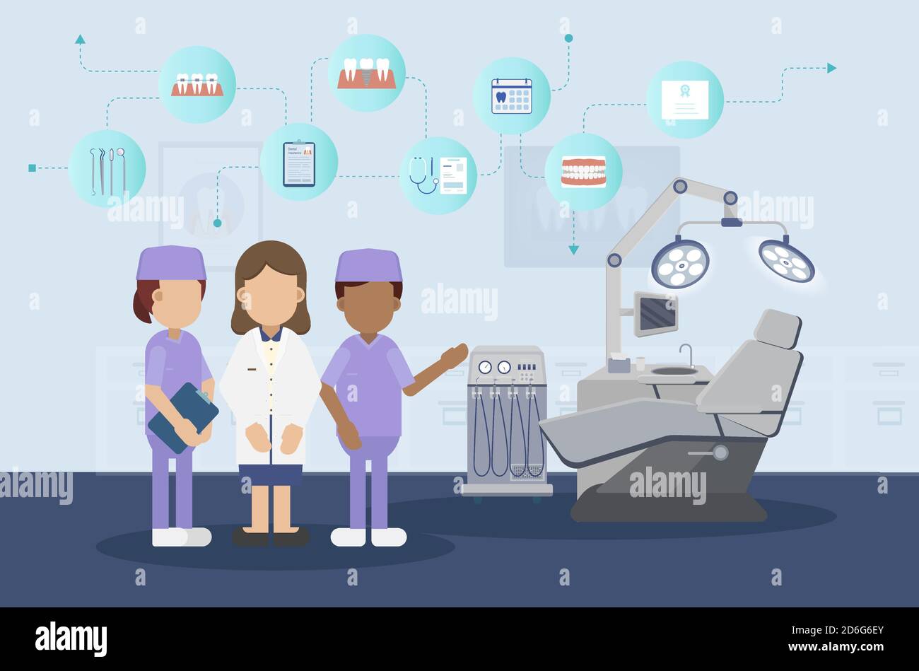 Dental clinic with medical staff and icons flat design vector ...