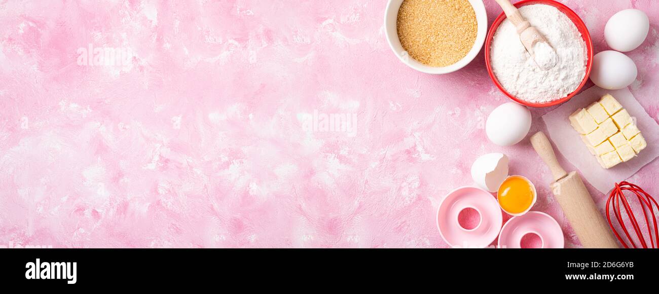 Baking background. Ingredients for baking - flour, eggs, butter, sugar ...