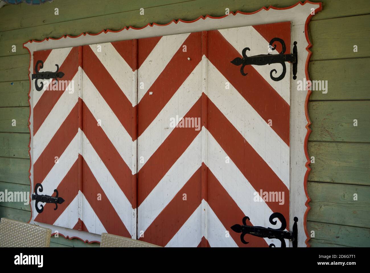 Closeup shot of a red and white colored window in an old-style Stock ...