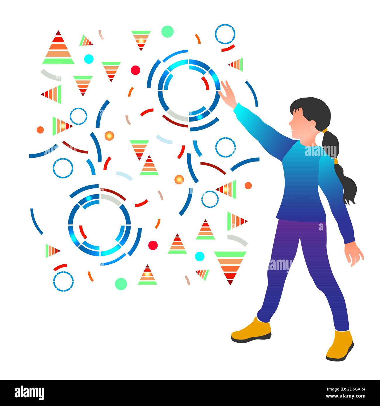 Girl stands. Hand raised Interactive game on the screen. On a white ...