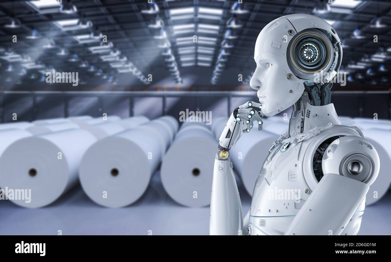 Automation paper factory with 3d rendering cyborg working Stock Photo ...
