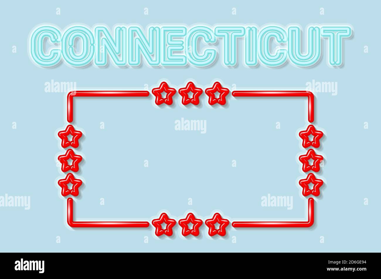 Connecticut US state soft blue neon letters lights off. Glossy red ...