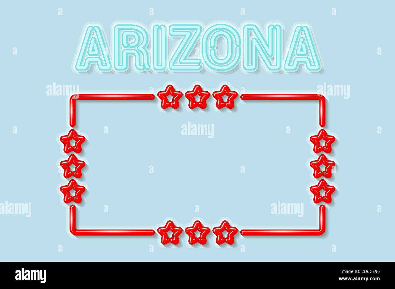 Arizona US state soft blue neon letters lights off. Glossy red frame ...