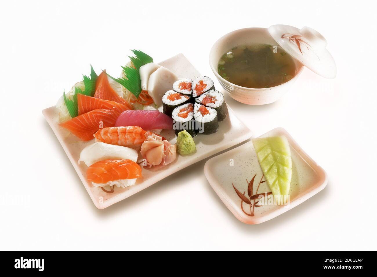 Assorted Japanese sushi and miso soup Stock Photo - Alamy