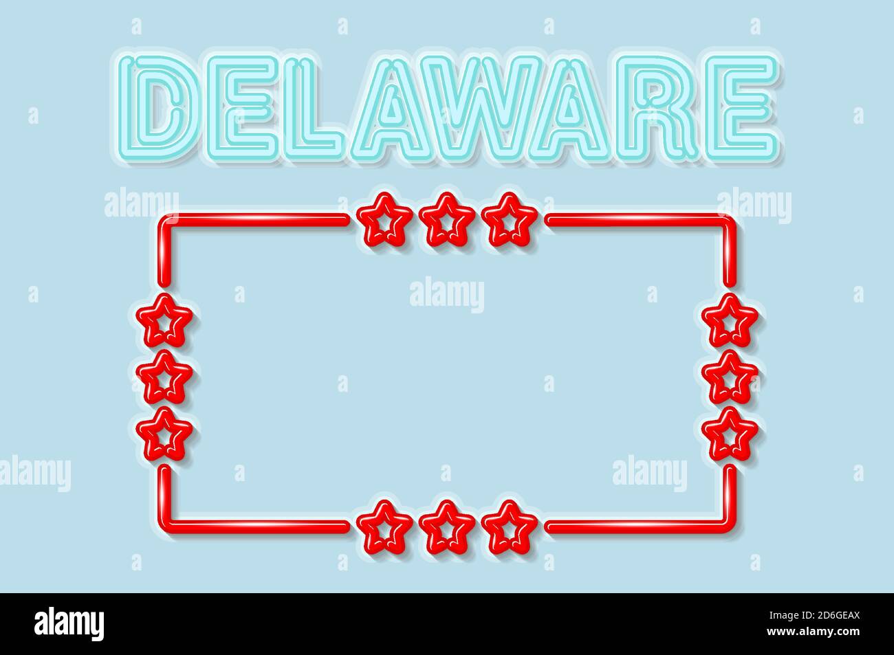 Delaware US state soft blue neon letters lights off. Glossy red frame ...