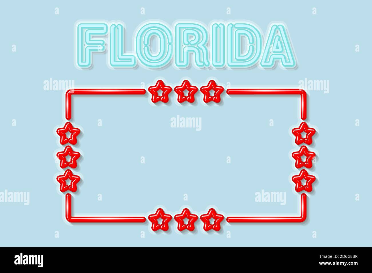 Florida US state soft blue neon letters lights off. Glossy red frame ...